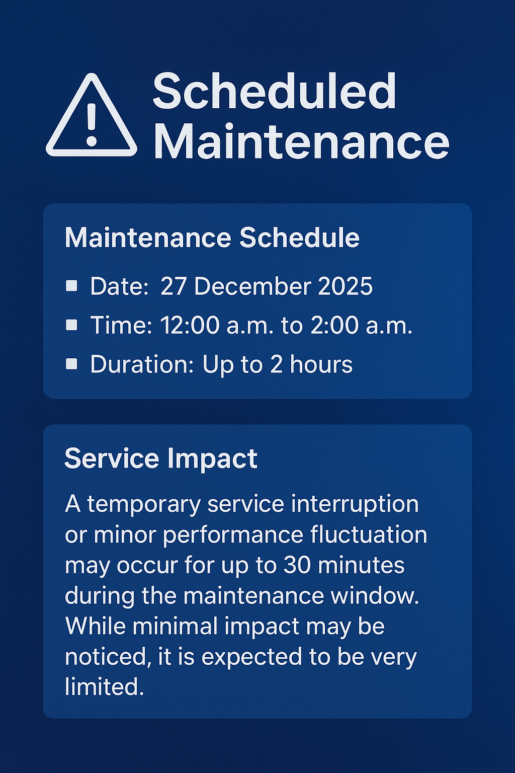 Scheduled Maintenance Notice – 27 December 2025 | MiMSMS